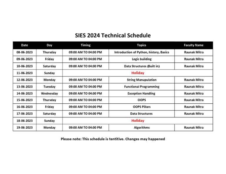 SIES 2024 - Technical Schedule | PDF