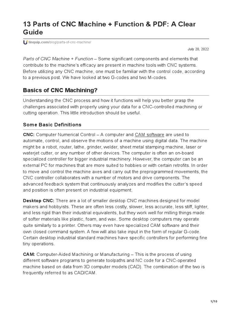 13 Parts of CNC Machine Function PDF A Clear Guide | PDF | Numerical Control | Machines