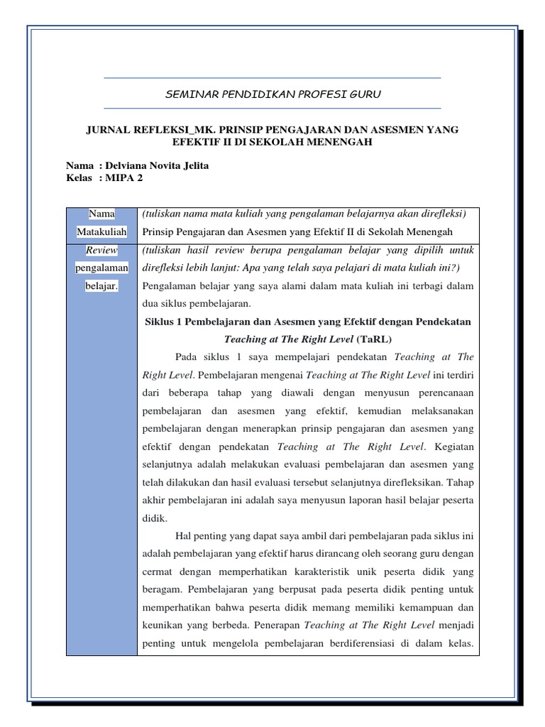 Jurnal Refleksi - MK Prinsip Pengajaran Dan Asesmen II | PDF Jurnal Refleksi - MK Prinsip Pengajaran Dan Asesmen II | PDF