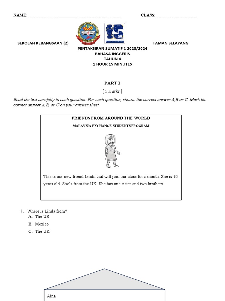 Test 1 English Year 4 Paper 1 2023 | PDF