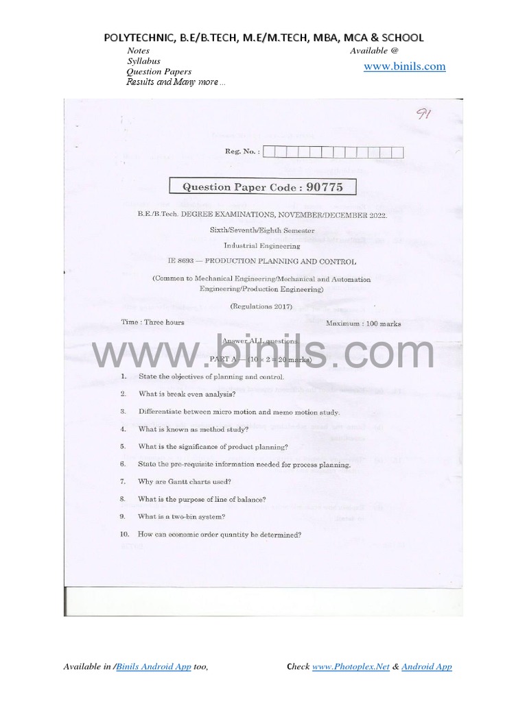 IE 8693 Production Planning and Control Old Question Paper | PDF | Computers | Technology ...