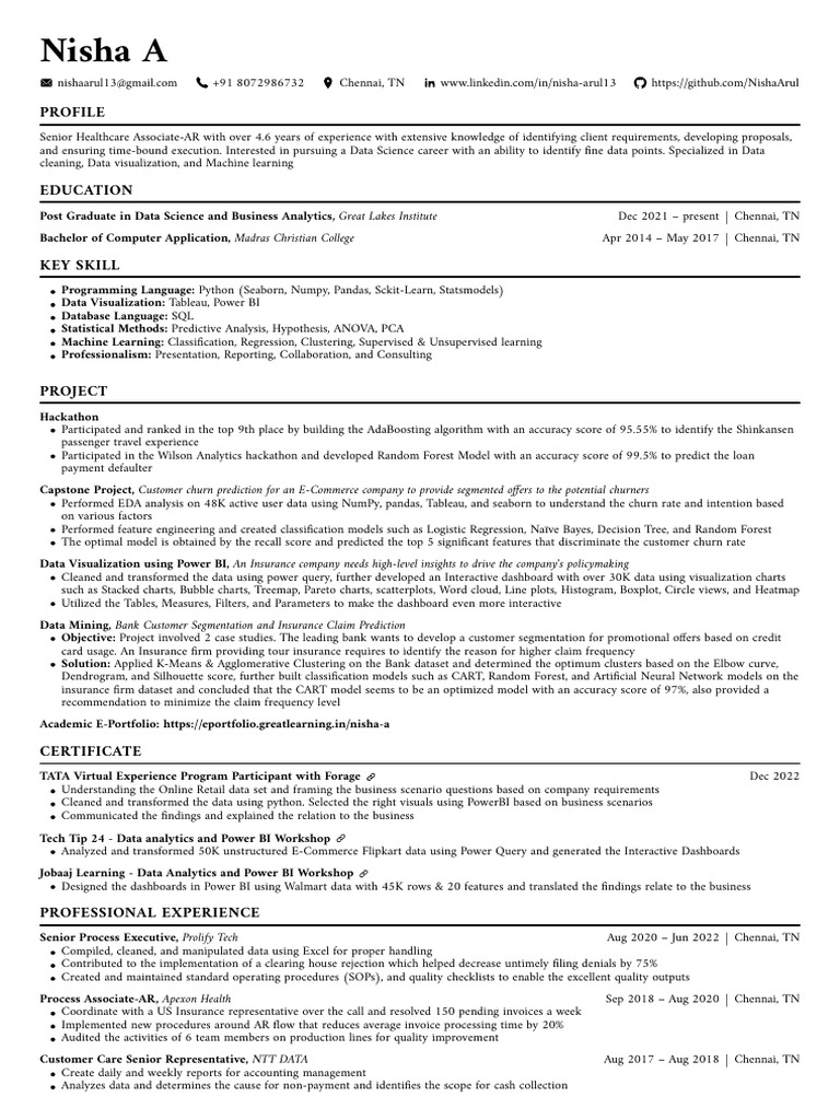 Nisha A Resume | PDF | Machine Learning | Analytics