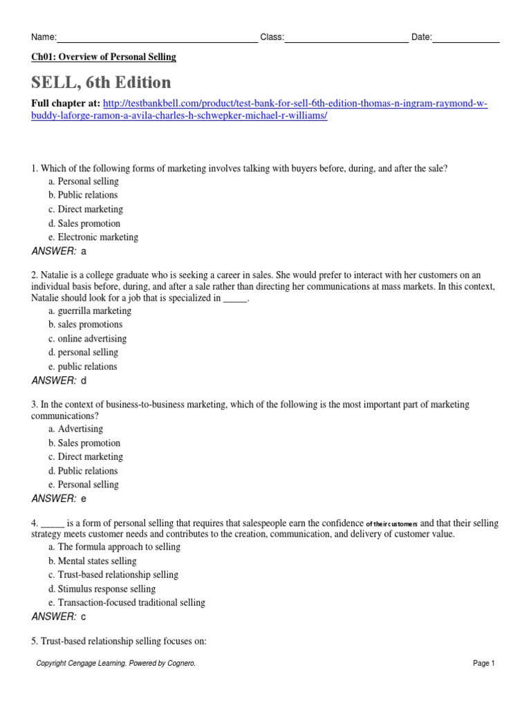 Test Bank For Sell 6th Edition Thomas N Ingram Raymond W Buddy Laforge ...