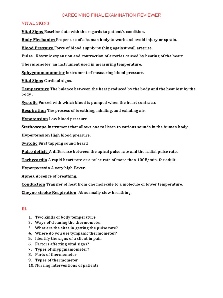 Caregiving Final Examination Reviewer | PDF