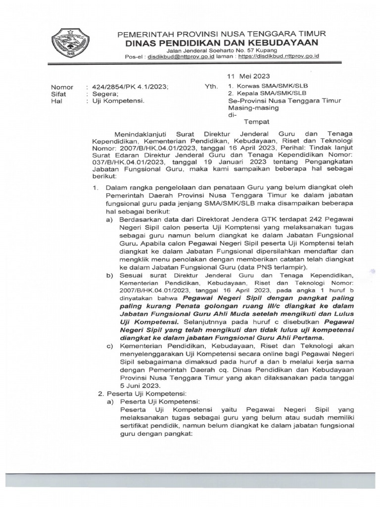 Surat Uji Kompetensi Jabatan Fungsional Guru | PDF