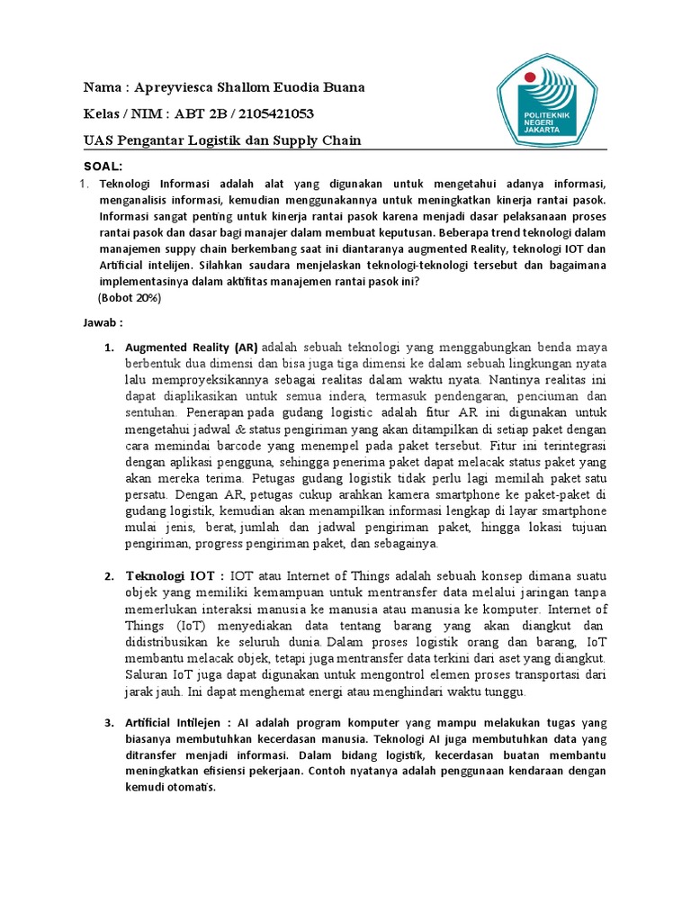 UAS Pengantar Logistik Dan SCM - Apreyviesca Shallom E.B - Abt 2B | PDF | Teknologi & Rekayasa