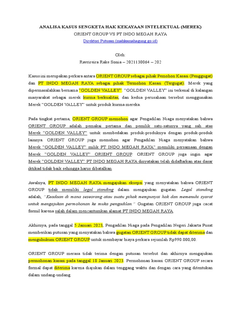Contoh Analisa Kasus Sengketa HAKI | PDF