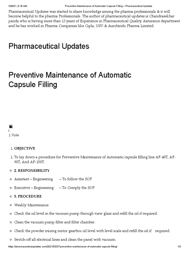 Preventive Maintenance of Automatic Capsule Filling - Pharmaceutical ...