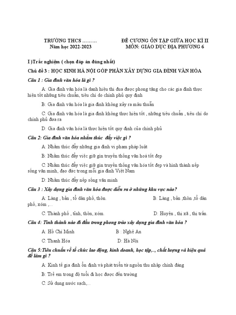 De Cuong On Tap Giua Hoc Ki 2 Giao Duc Dia Phuong 6 | PDF