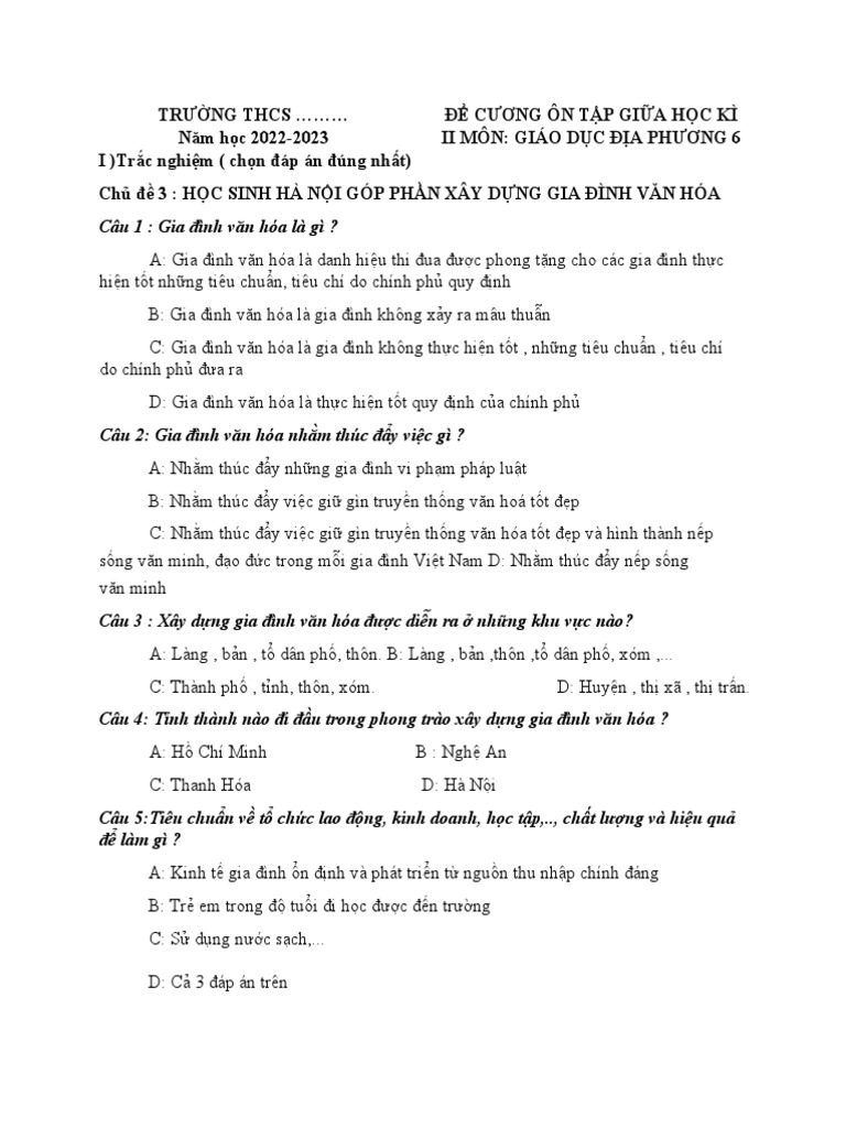 De Cuong On Tap Giua Hoc Ki 2 Giao Duc Dia Phuong 6 | PDF