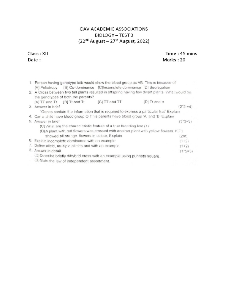 Biology - Cycle Test 3 | PDF