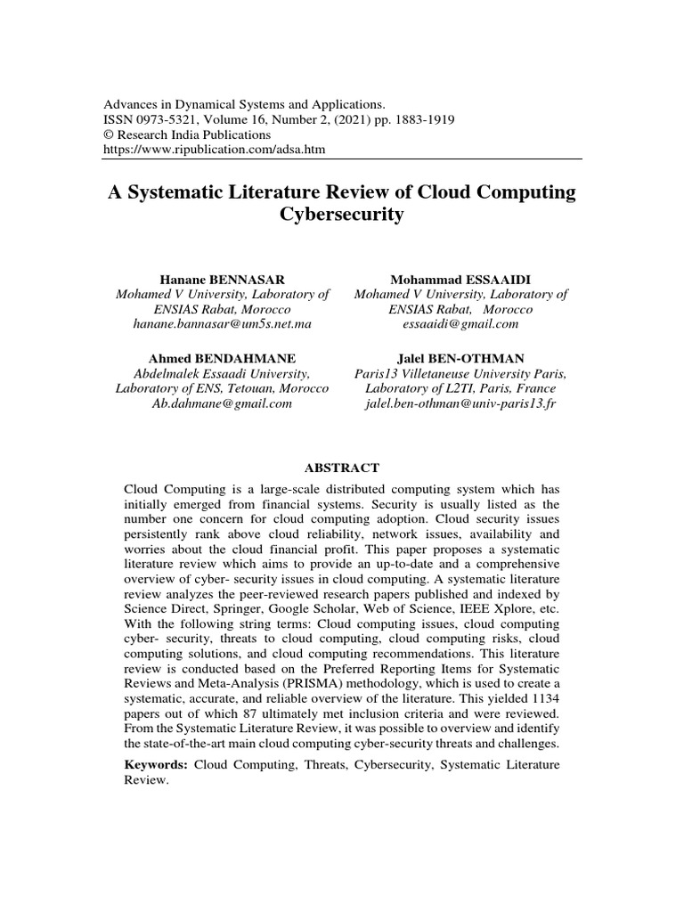 A Systematic Literature Review of Cloud Computing Cybersecurity | PDF | Cloud Computing ...