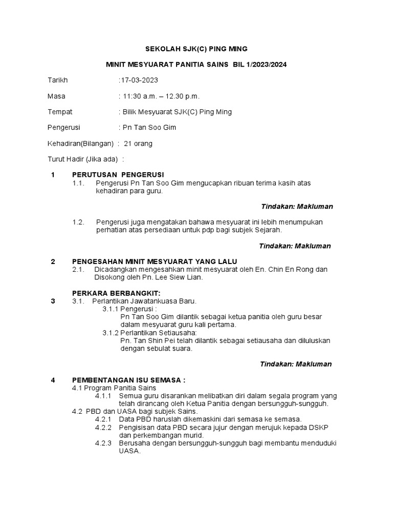 Minit mesyuarat Sains 2023 | PDF