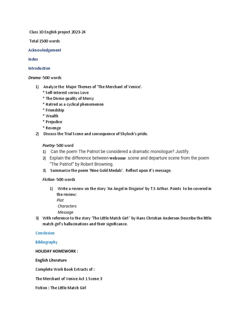 Class 10 English Project Overview 2023-24 | PDF