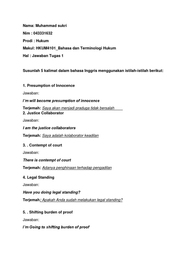 Jawaban Tugas 1 Bahasa Dan Terminologi - HKUM4101 | PDF