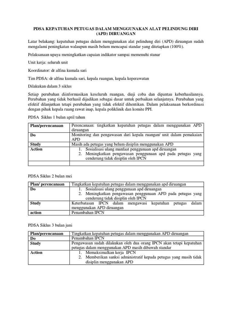 Pdsa Kepatuhan Petugas Dalam Menggunakan Alat Pelindung Diri | PDF