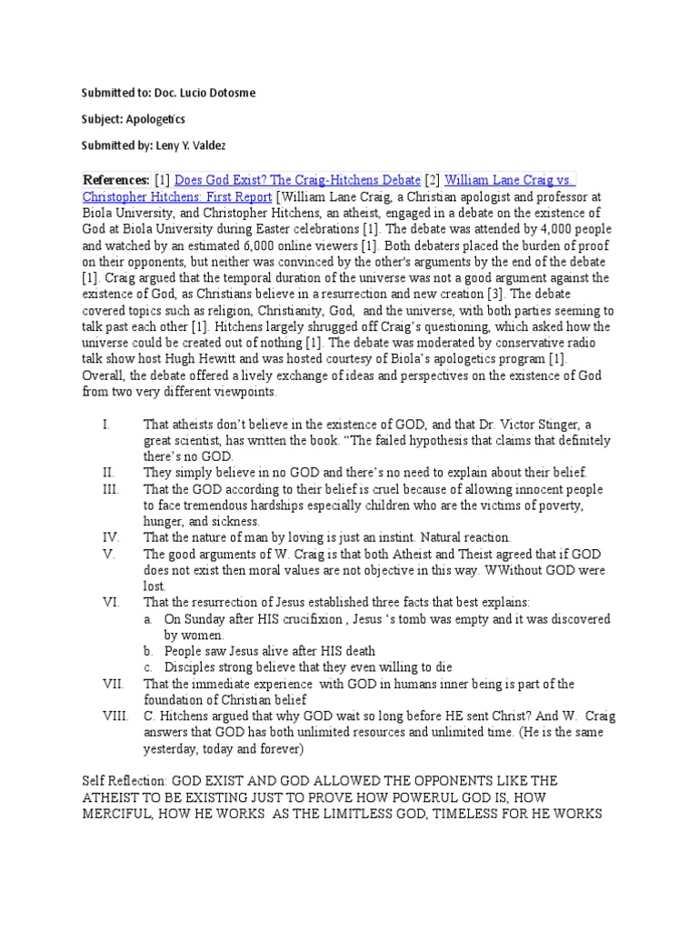 Apologetics Craig VS Hitchens | PDF | God | Jesus