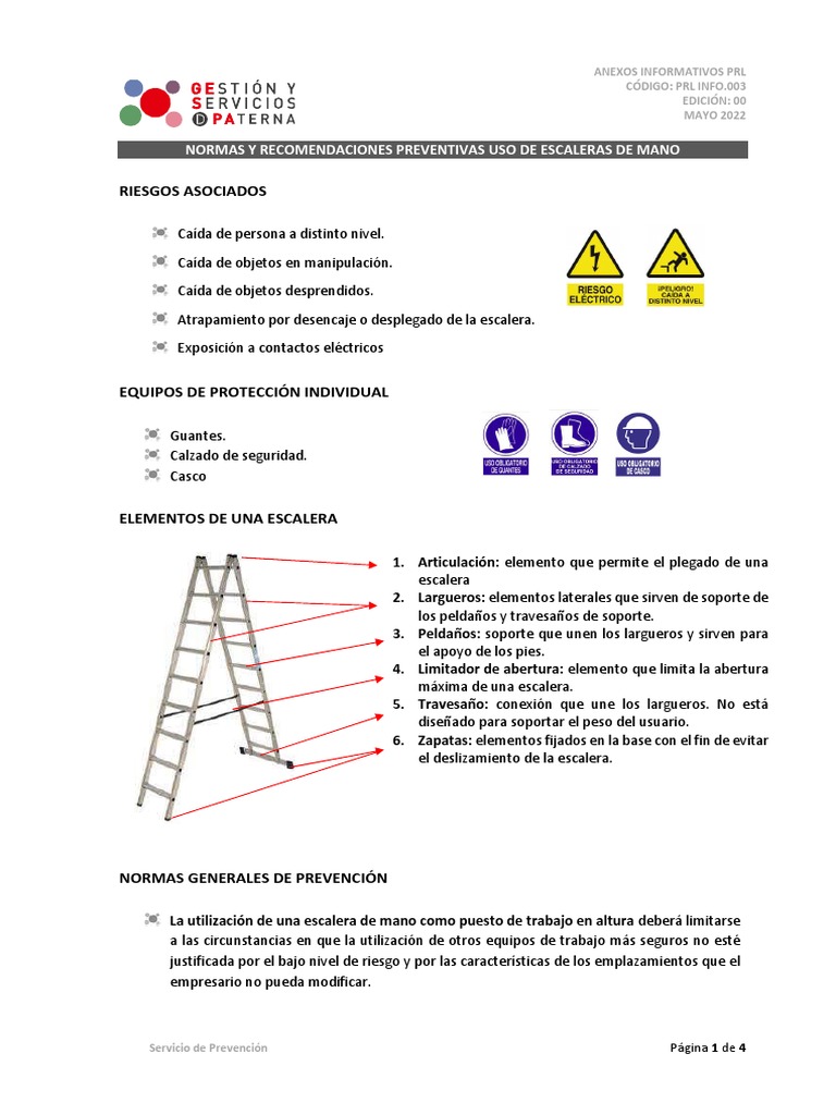 Anexo Informativo - Normas y Recomendaciones Preventivas de Escaleras de Mano | PDF | Escalera ...