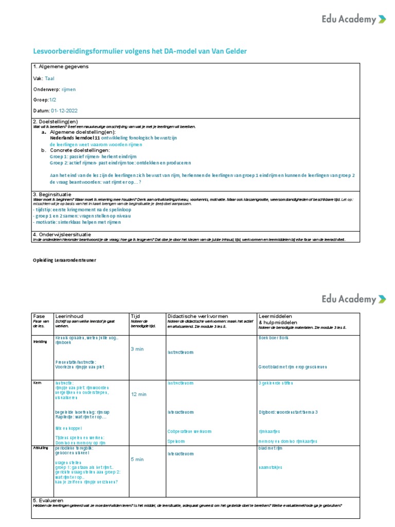Lesvoorbereidingsformulier volgens het DA-model - Leraarondersteuner ...