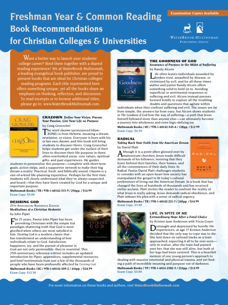 Waterbrook Multnomah Freshman Year Reading Flyer | PDF | Faith | Good ...