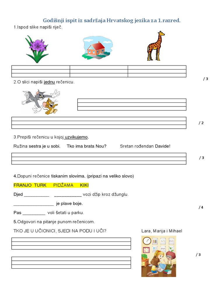 Godišnja+provjera+znanja+1 Razred | PDF