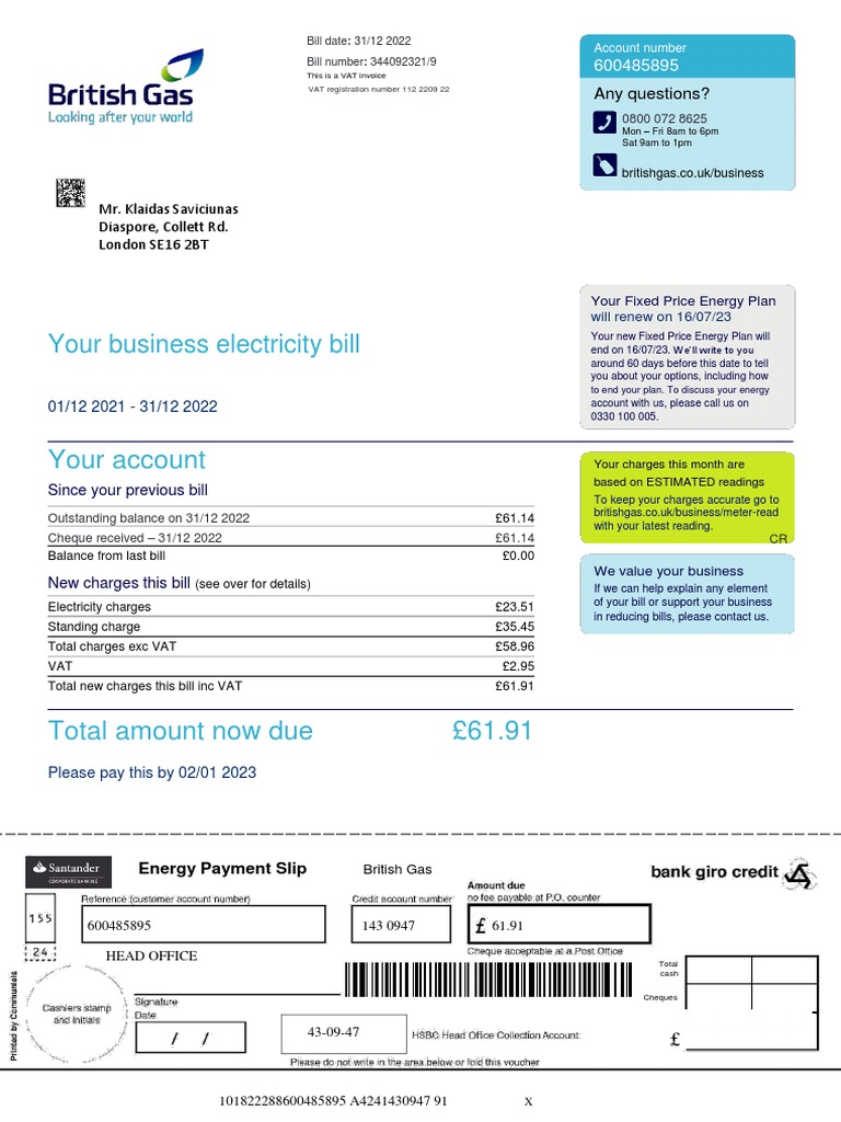 British Gas Bill 31-12-2022 | PDF | Cheque | Payments