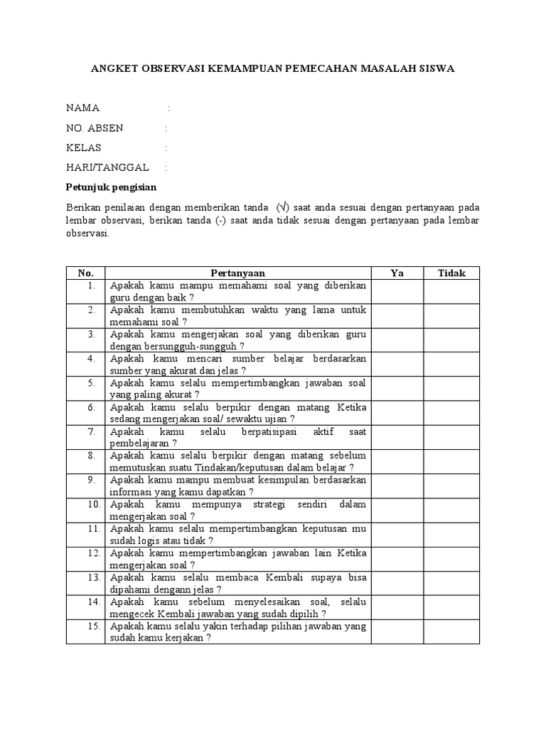 ANGKET OBSERVASI KEMAMPUAN PEMECAHAN MASALAH SISWA | PDF