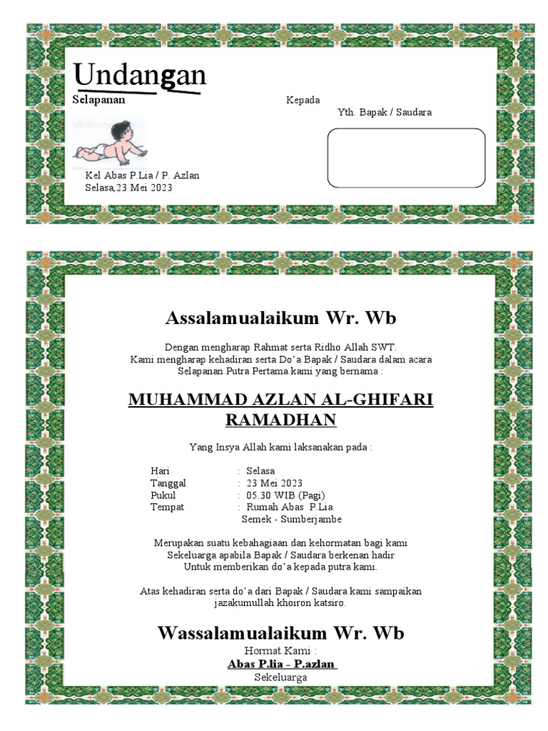 Undangan Selapanan Muhammad Azlan | PDF