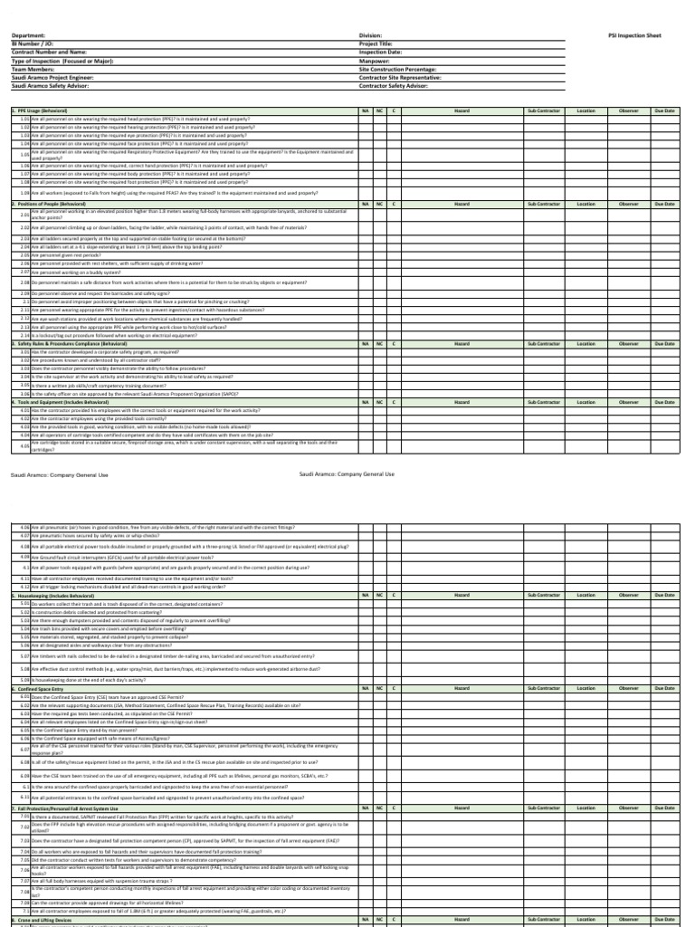 PSI Inspection Sheet | PDF | Personal Protective Equipment | Safety