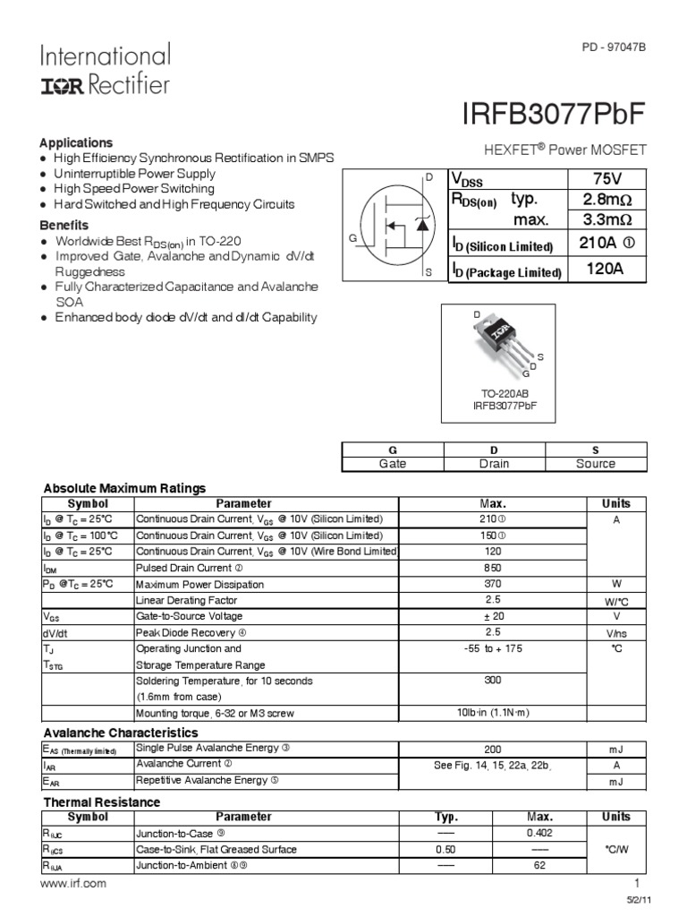 Infineon IRFB3077 DataSheet v01 - 01 EN | PDF | Field Effect Transistor | Electricity