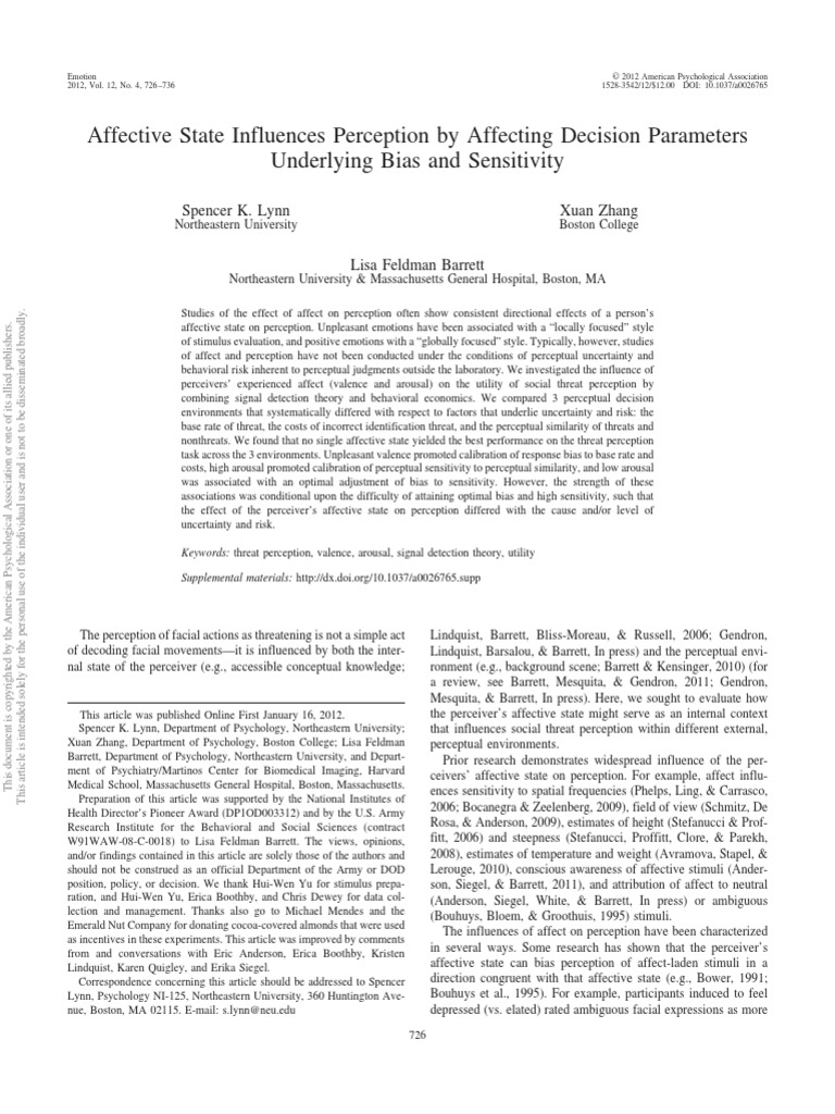 Affective State Influences Perception by Affecting Decision Parameters Underlying Bias and ...
