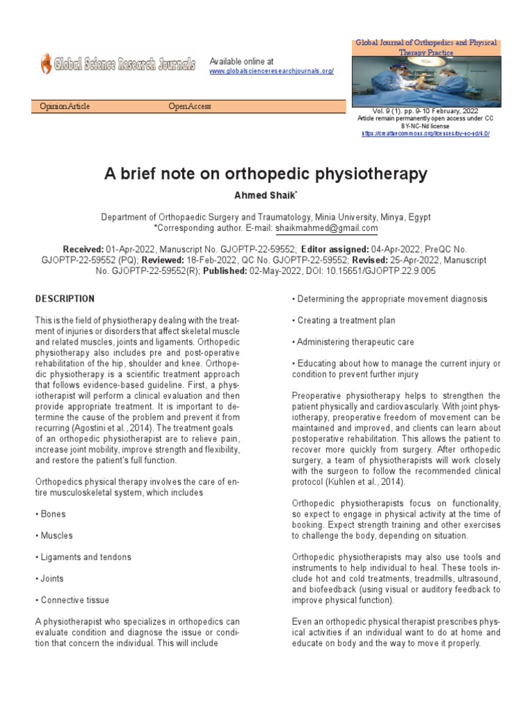 A Brief Note On Orthopedic Physiotherapy | PDF | Physical Therapy | Musculoskeletal System