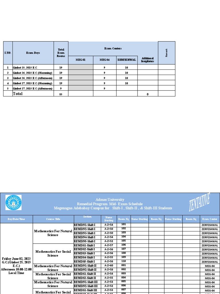 Admas University Remedial Exam Schedule | PDF | Science | Observation