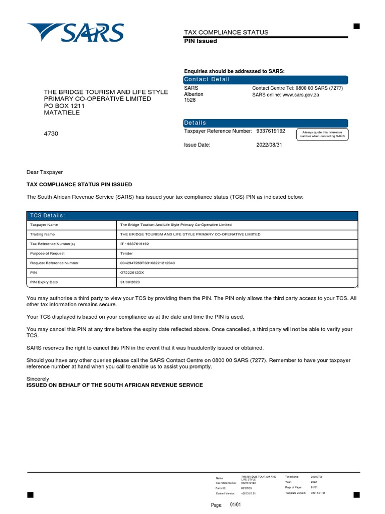 TBL - Sars Tax Pin - Aug 2022 | PDF | Taxes | Taxation
