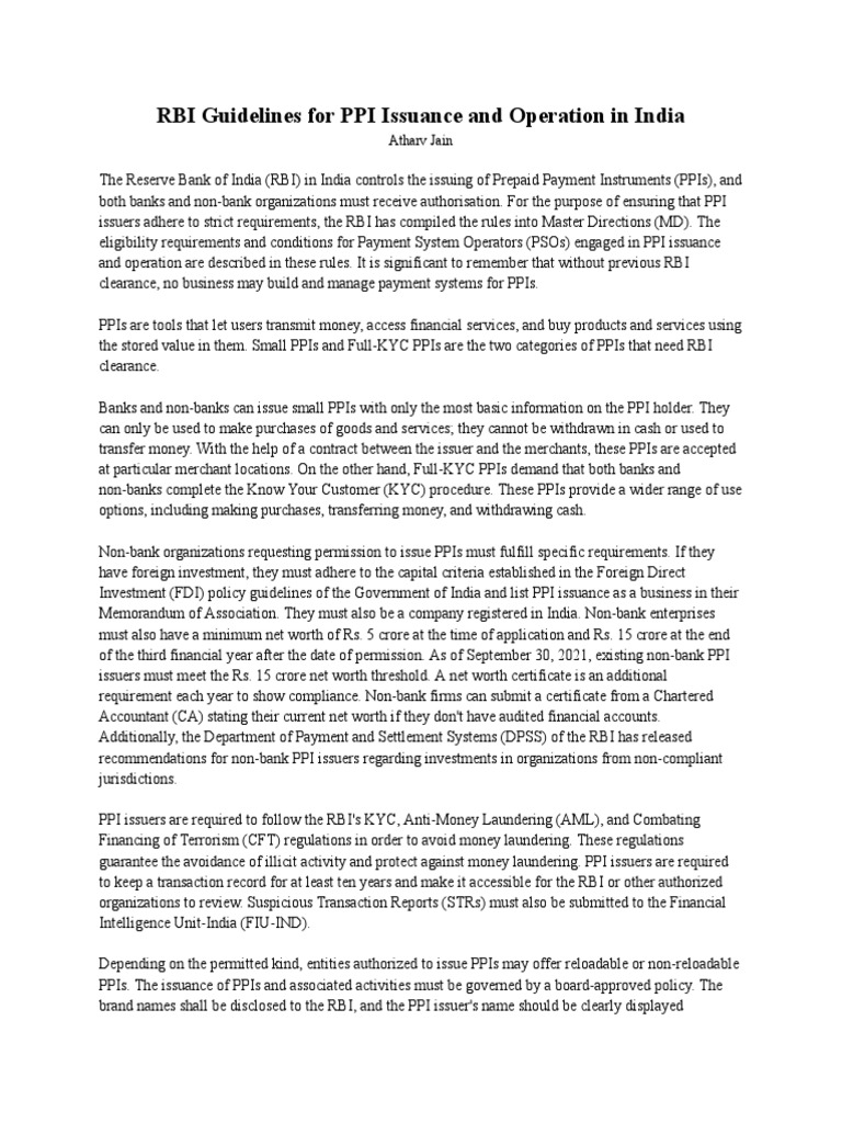 RBI Guidelines For PPI Issuance and Operation in India, Atharv Jain, Draft 1 | PDF | Payment ...
