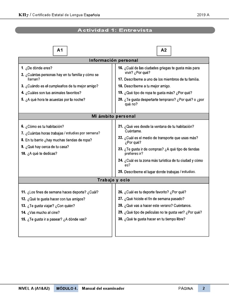 Manual del Examinador A1-A2 Lengua E | PDF