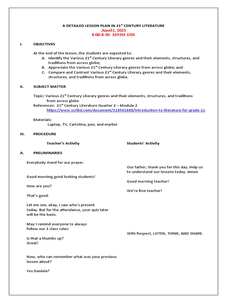 21st Century Literature Lesson Plan | PDF | Genre | Lesson Plan