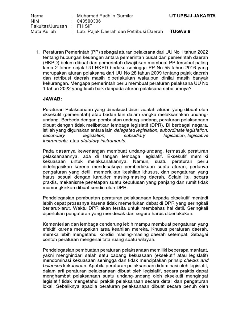 Tugas 6 PDRD - Muhamad Fadhlin Gumilar - 043588386 - D3 Perpajakan - Ut Upbjj Jakarta | PDF