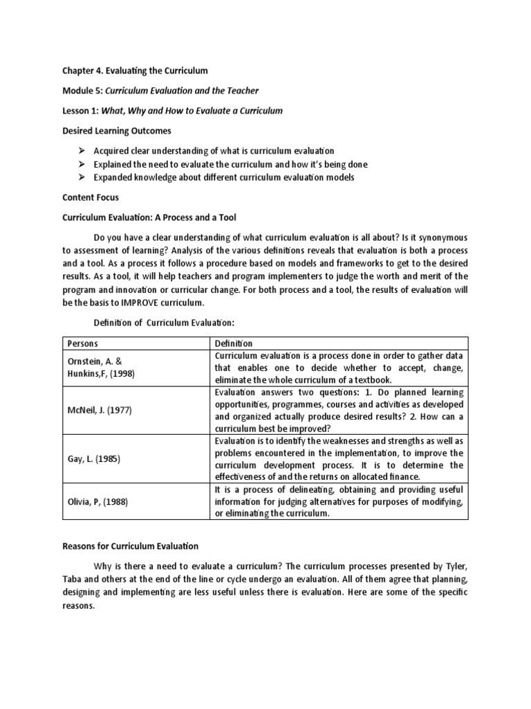 SChapter 4 Evaluating The Curriculum | PDF | Evaluation | Educational ...