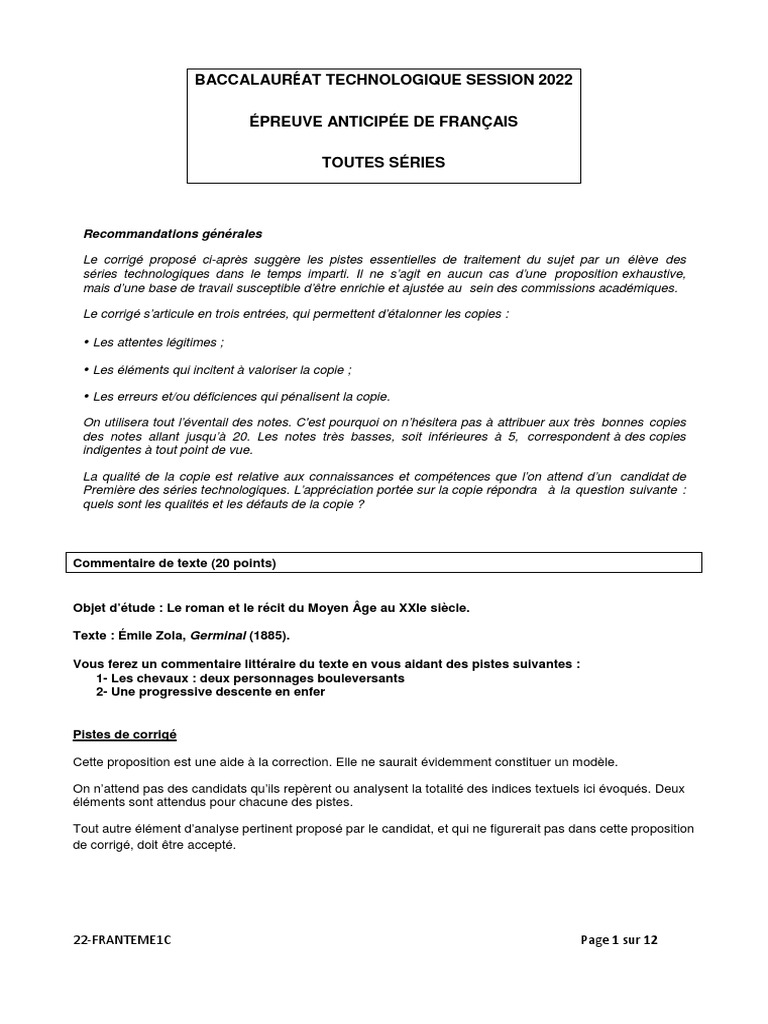 STMG Sti2d St2s Francais Premiere 2022 Metropole Corrige Officiel | PDF