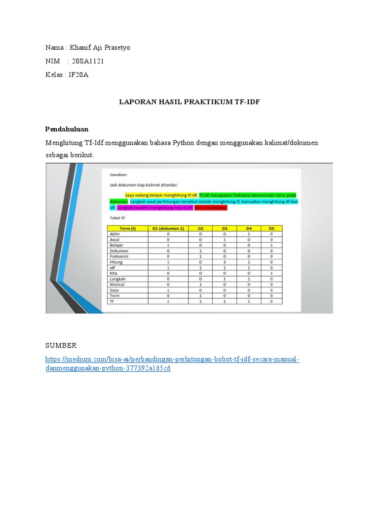Laporan Hasil Praktikum Tf-Idf Pendahuluan: Nama: Khanif Aji Prasetyo NIM: 20SA1121 Kelas: IF20A ...