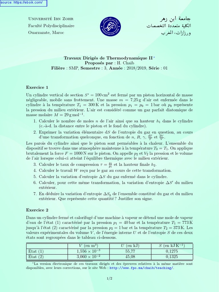 Thermodynamique II TD 01 - Compressed | PDF