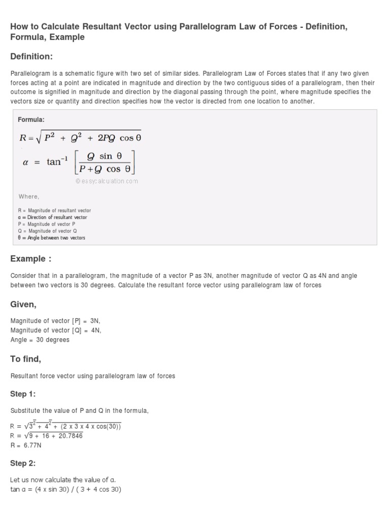 How To Calculate Resultant Vector Using Parallelogram Law of Forces - Definition | PDF