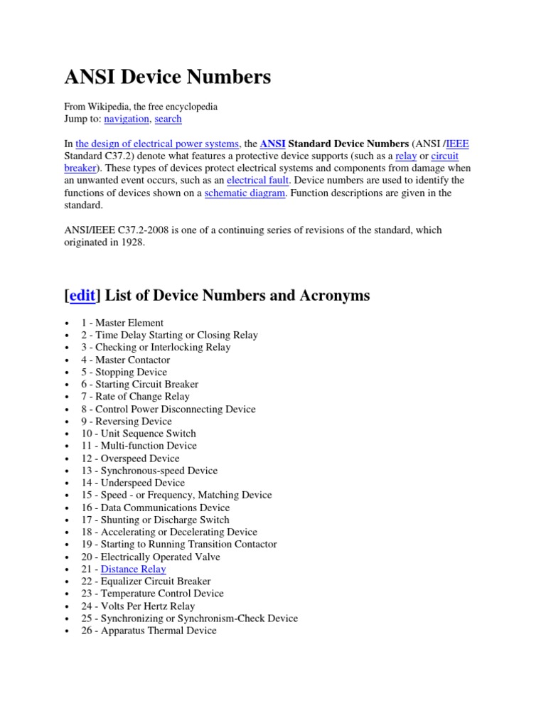 Relay Coded. Ansi Device Numbers | PDF | Relay | Switch
