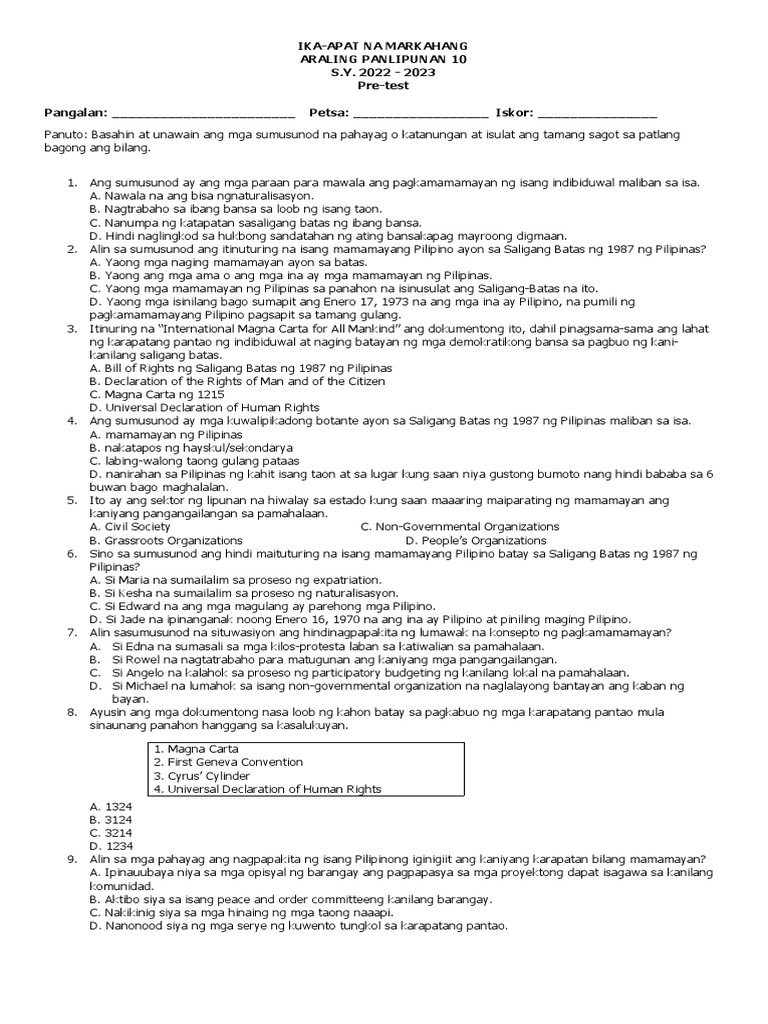Pre-Test Arpan 10 Blank | PDF