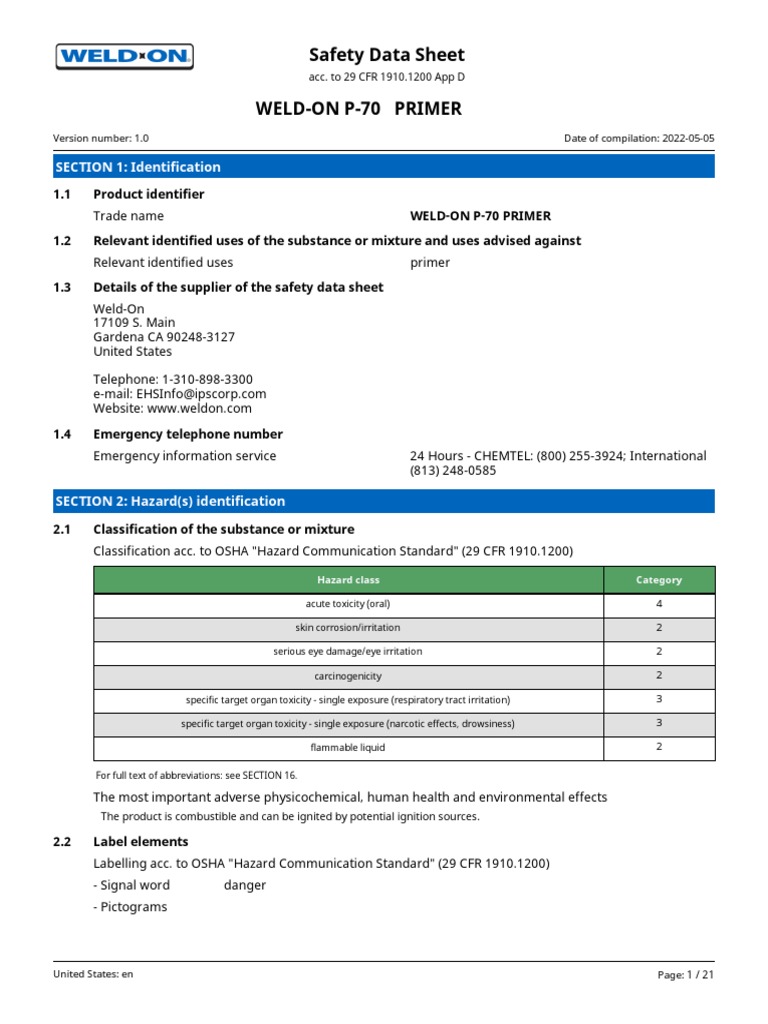 Weld-On P-70 Primer Safety Data Sheet | PDF