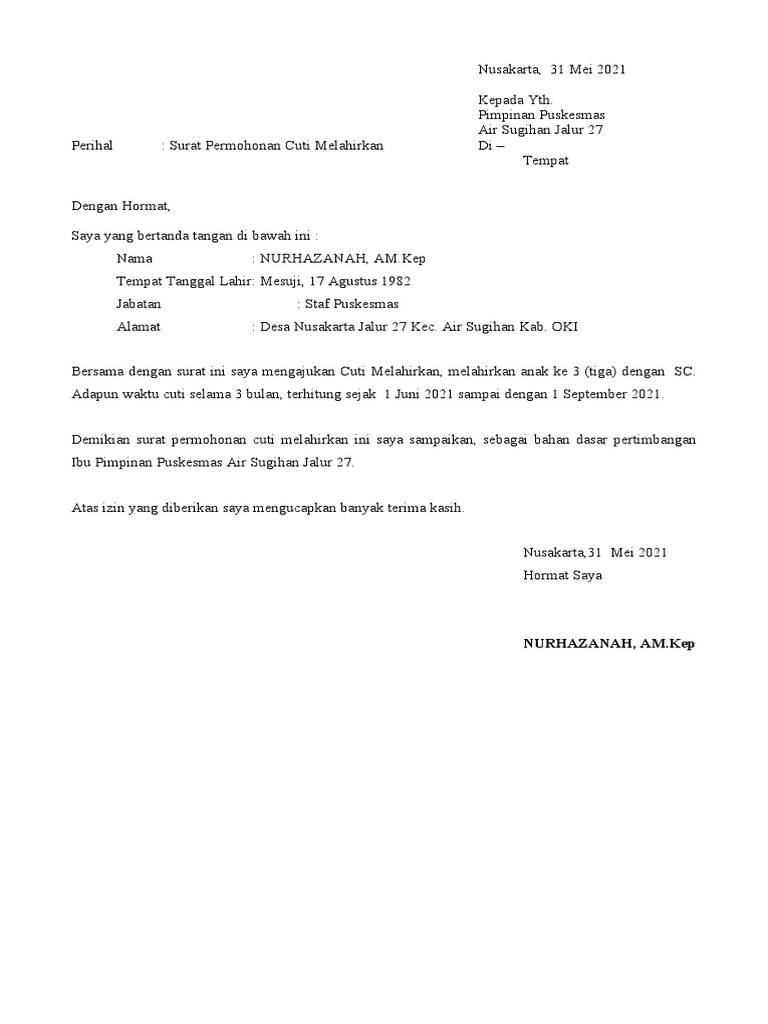 Surat Permohonan Cuti Melahirkan | PDF