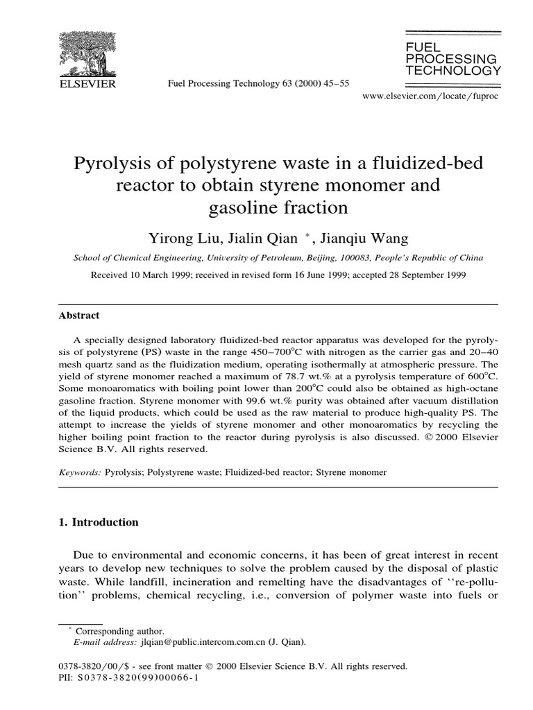 Pyrolysis of Polystyrene Waste in A Fluidized-Bed Reactor To Obtain ...