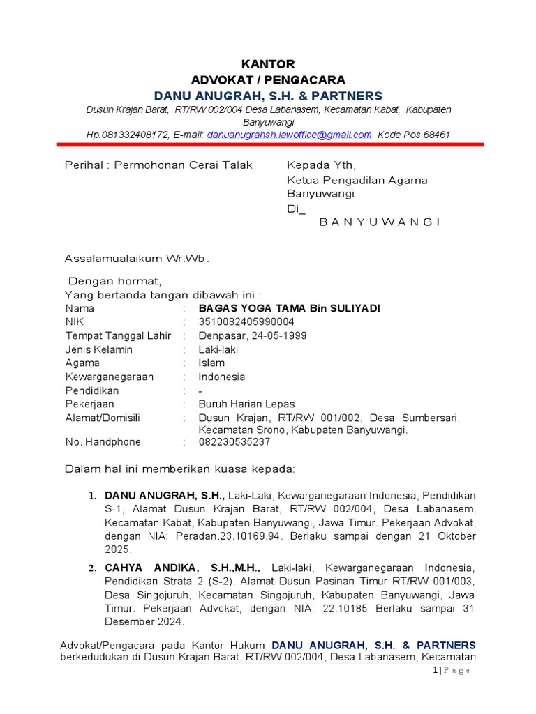 Contoh Permohonan Cerai Talak | PDF
