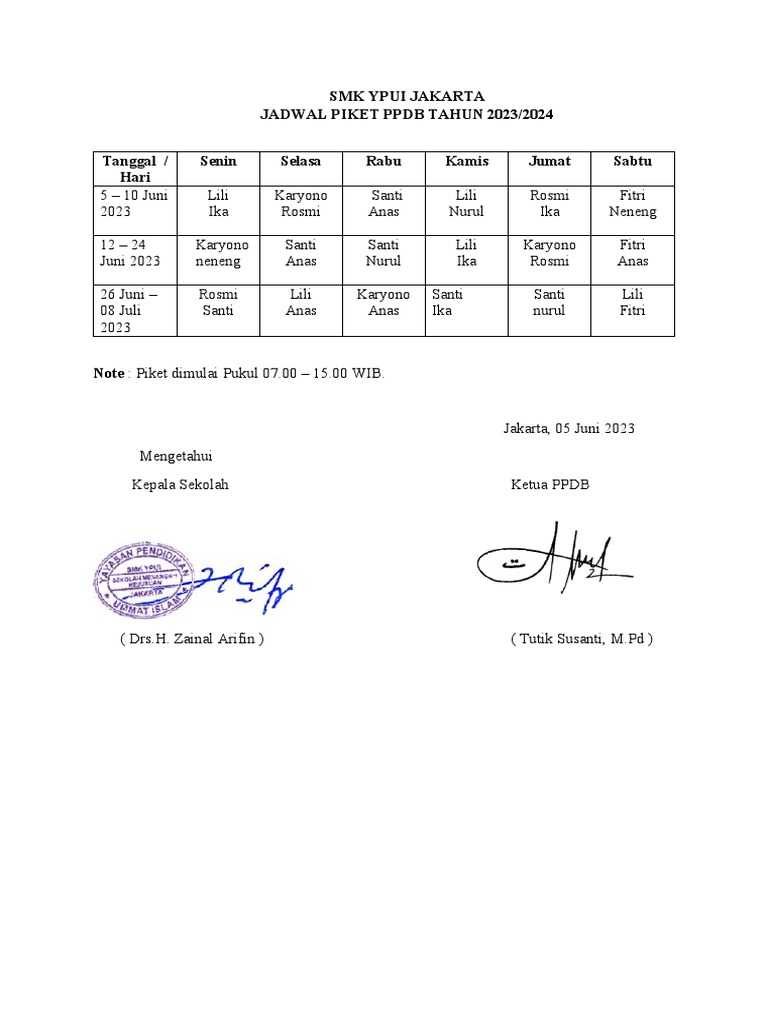 Jadwal Piket PPDB SMK YPUI Jakarta Tahun 2023-3 | PDF